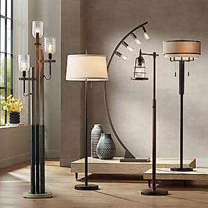 Possini Euro Design Nayla Modern Floor Lamp Standing 62.5" Tall Bronze Steel Slender Column Off White Fabric Tapered Drum Shade Decor for Living Room Reading House Bedroom Home