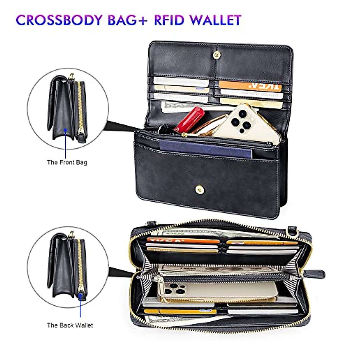 nuoku Crossbody Bags for Women, Detachable Credit Card Holder and Wallet for Women with RFID Blocking, Includes 2 Size Bags