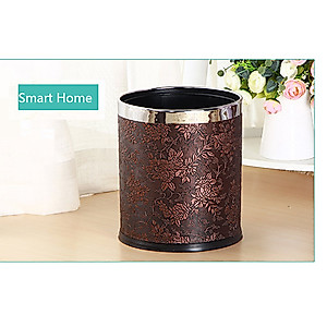 Trash Can Luxury Double Layer Leather with Stainless Steel Ring Metal Waste bin 10L Garbage Container Dustbin case for Hotel Office (Vintage)