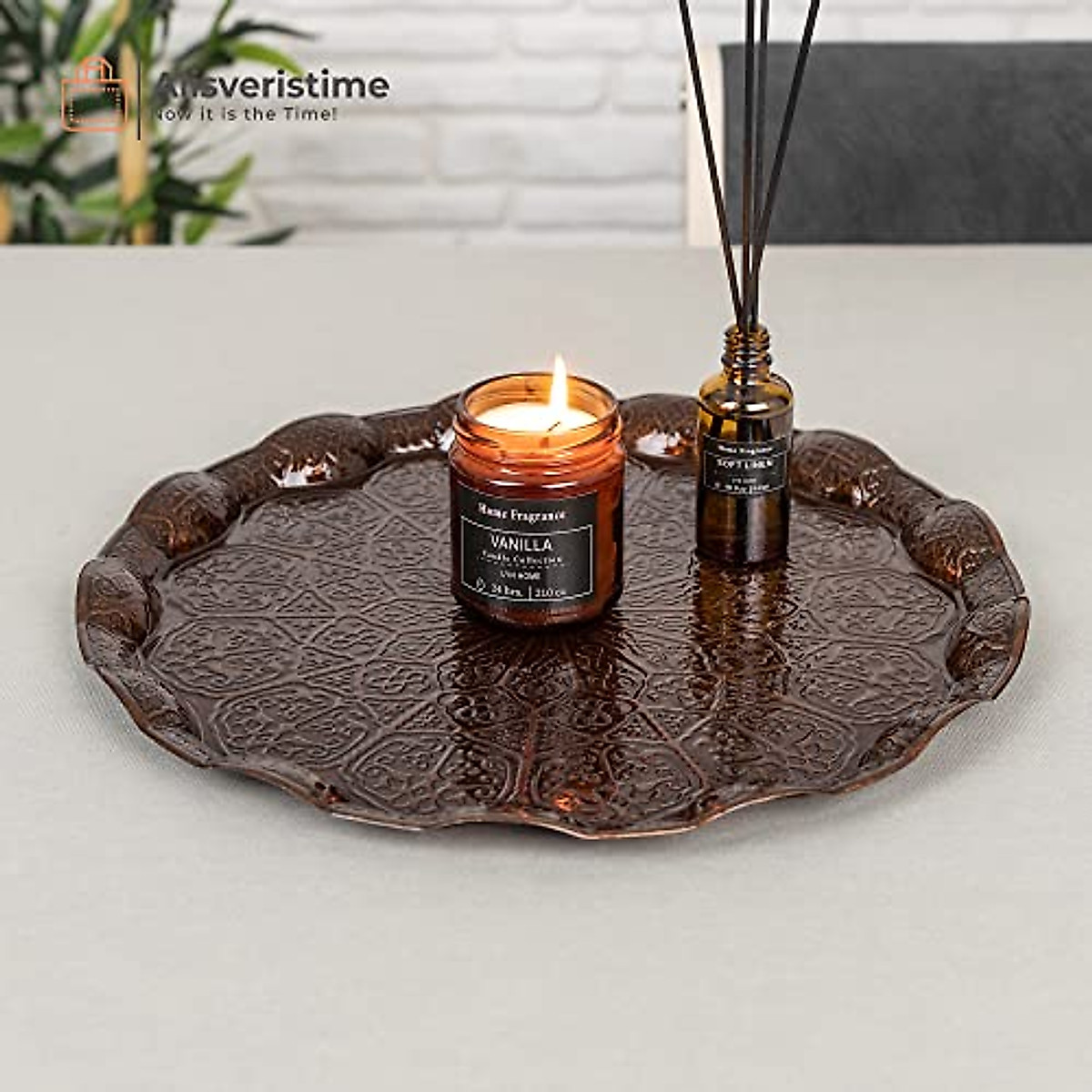 Turkish Ottoman Coffee Tea Beverage Serving Wavy Tray 35cm (Antique Copper)