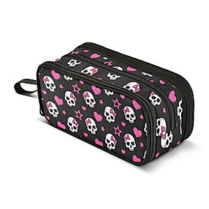 Pencil Case Big Capacity for Girl Boy Pink Hearts Skulls Stars Black Student Pencil bag Pen Pouch Large Stationery 3 Compartments Zippers Organizer School College Office Teens Adults