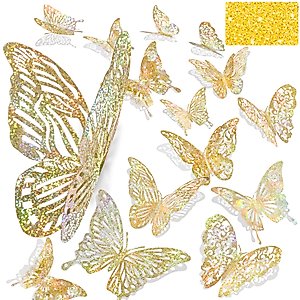 60 Pcs 3D Iridescent Gold Butterfly Decorations,Sequined Gold Room Decor with Set 5 Style Decorative Paper Butterfly for Party Birthday Baby Shower Decorations Wedding Decor DIY Gift( (Sequined Gold)