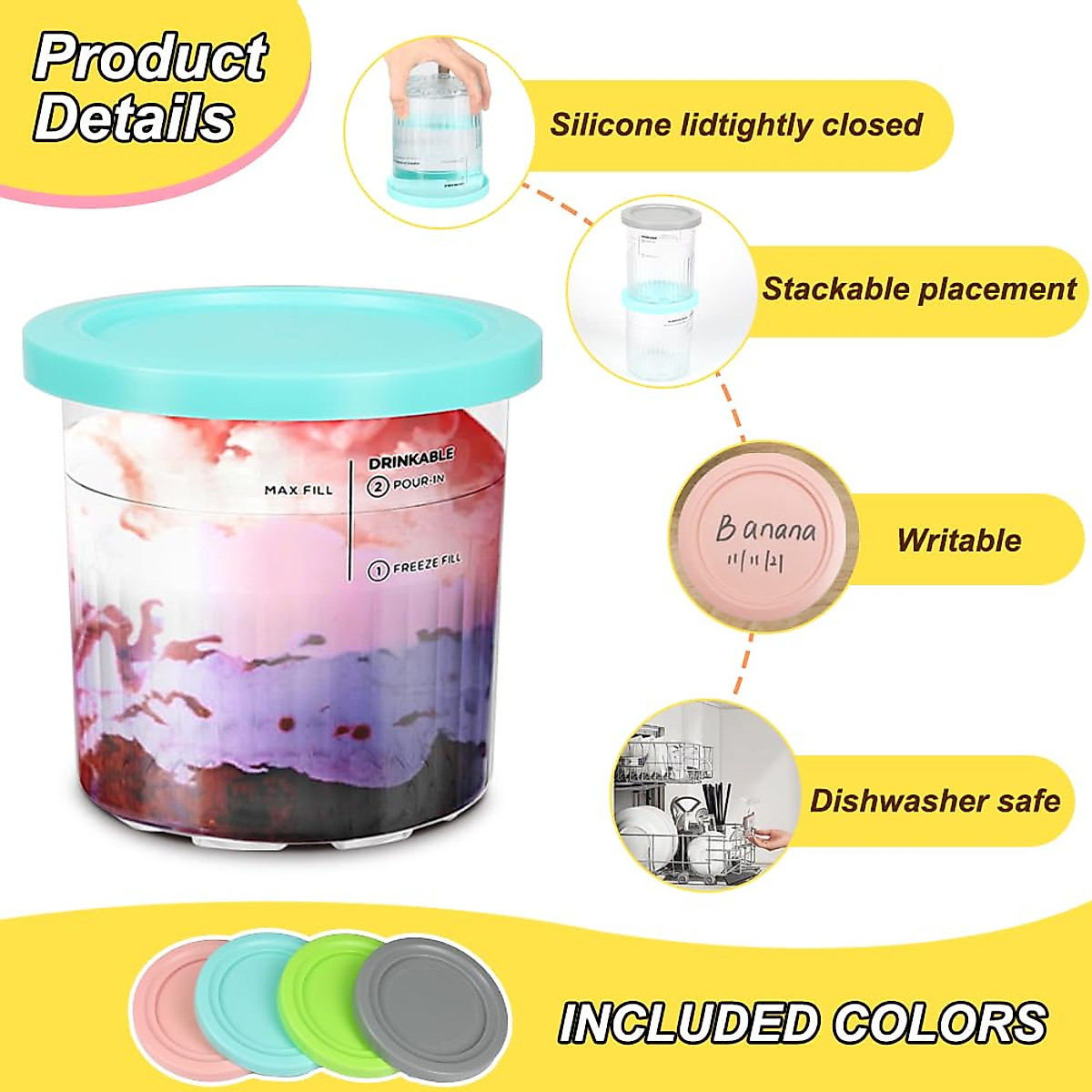 Advantez Replacement For Ninja Creami Deluxe Pints and Lids-4 Pack, 24oz Reusable Ice Cream Containers Dishwasher Safe, Compatible With NC501 NC500 Series 11-In-1 Ninja Ice Cream Maker