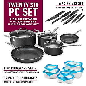 Granitestone 26 Pc Pots and Pan Set Non Stick with Sharp Nutribade Knife Set + Storage Containers, Non Stick Cookware Set, Non Stick Pots and Pan Set, Pot Set, Oven and Dishwasher Safe