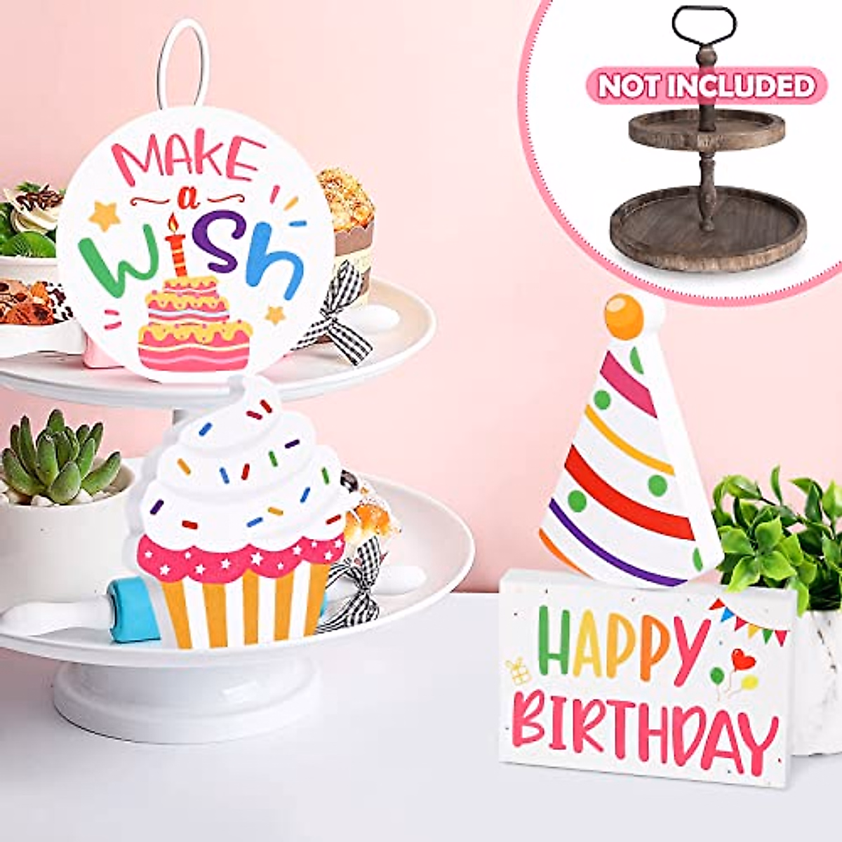 Huray Rayho Birthday Tiered Tray Decor Celebration Wooden Sign Colorful Birthday Party Supplies Make Wish Freestanding Cake Hat Block Bundle Bookshelf Happy Bday Table Decorations Gift for Her