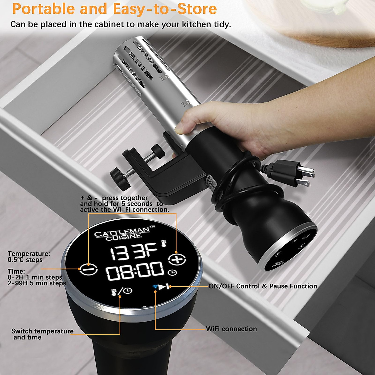 Sous Vide Machine Wi-Fi, Immersion Circulator Precise Cooker, Sous Vide Kit with 30 Vacuum Seal Bags, Vacuum Pump, Cookbook, Accurate Temperature & Timer, 1000W, IPX7 Waterproof, Cattleman Cuisine