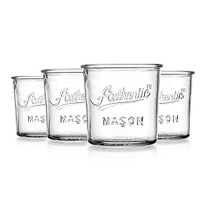 Glaver's Embossed Vintage Drinking Glasses Set of 4 Authentic Mason Vintage Glassware - 12 oz. Clear Glass Tumblers for Cocktails, Water, and Juice.