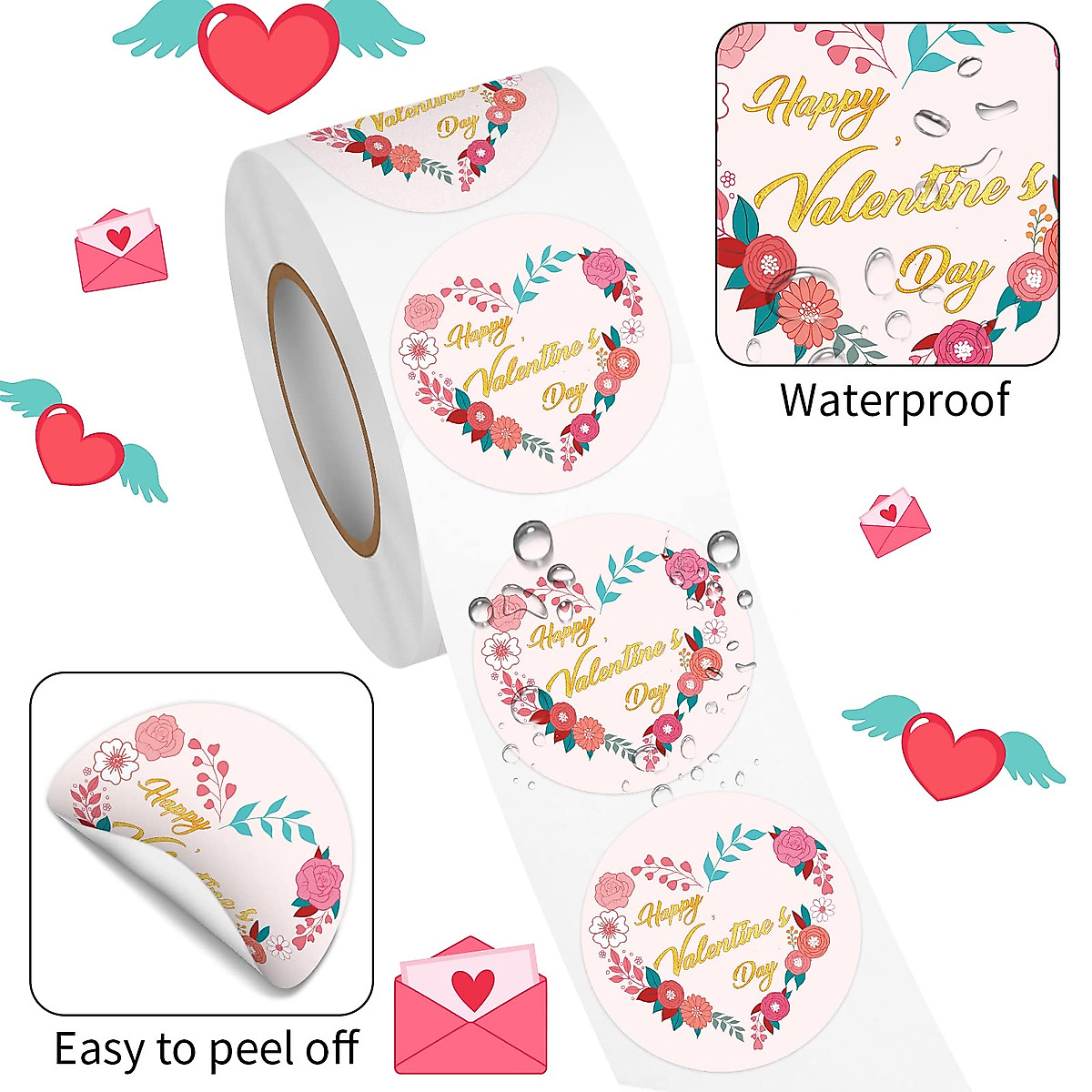 Acetiamin Happy Valentine's Day Sticker Roll, 500 PCS Heart-Shaped Label Stickers for Adults, 1.5 “ Gift Tag Stickers for Goodie Bags, Gift Favors Box, Envelope Seal, Cards, Party Supplies