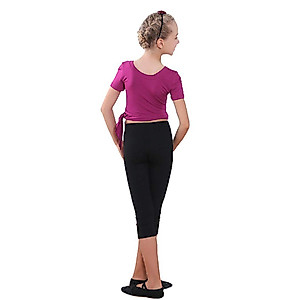 Girls Ballet Leotard Dance Outfits with Short Sleeves Top and Capri Leggings Kids Gymnastics Clothes Set Fuchsia