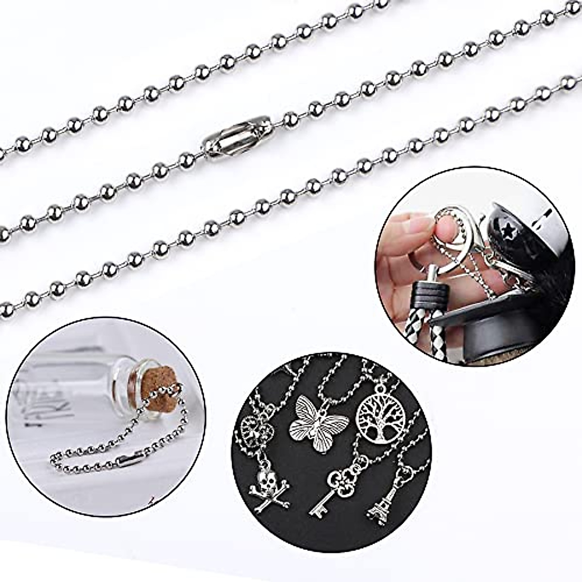 100Pcs Ball Beads Chain, Bulk Dog Tag Metal Chain, 4.72 Inches Ball Chain Keychains with Connectors (Silver)