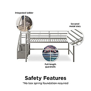 DHP Junior Twin Metal Loft Bed with Storage Steps, Multifunctional Space-Saving Solution - Silver with Gray Steps