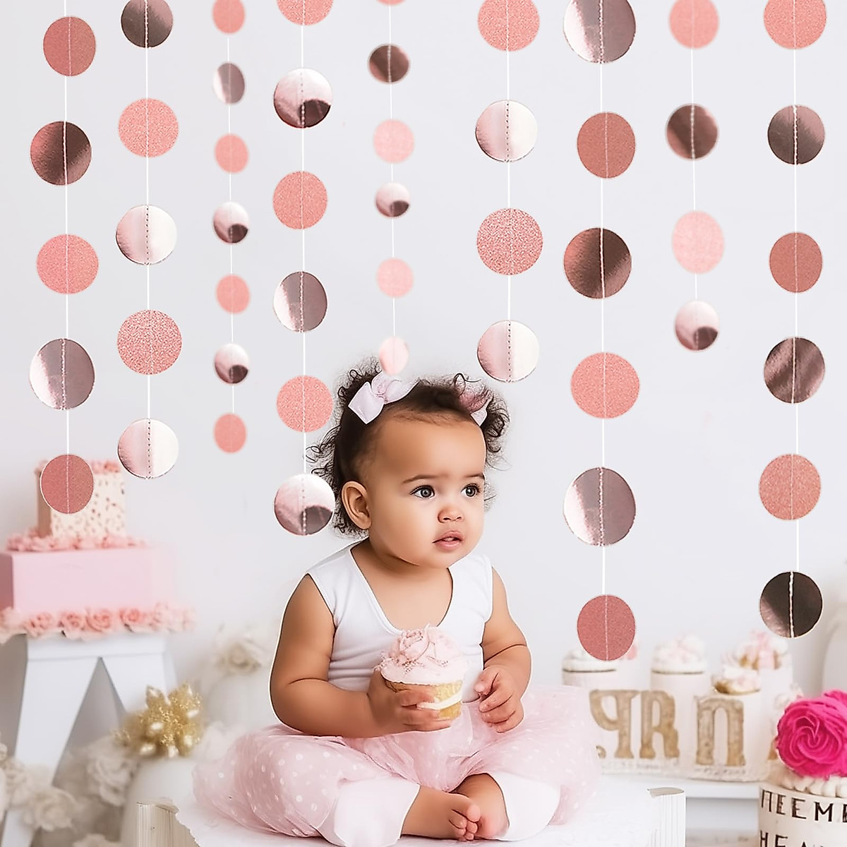 jijAcraft Glitter Rose Gold Circle Dots Garland Party Decorations, 52 Feet Glitter Heart Streamers Garland Banner for Bridal Shower, Engagement, Bachelorette, Home Decor, Wedding, Birthday Party