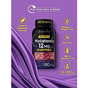 Carlyle Melatonin Gummies 12mg | 180 Count | Drug Free | Natural Berry Flavor | Vegan, Non-GMO, Gluten Free