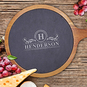Customized and Engraved Acacia and Slate Serving Board for Meats and Cheeses (Round Large - 14" x 10")