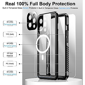 Temdan for iPhone 13 Pro Max Case Waterproof,Built-in 9H Tempered Glass Screen Protector [Real 360][IP68 Underwater][Military-Grade Protection][Dustproof][Compatible with MagSafe] - Clear/Black
