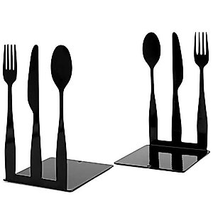 Cookbook Bookends Kitchen Fork Knife Spoon Book Ends Support with Non-slip pad, Black Metal Cookery Book Holder for Kitchen Shelf Mothers Day Teachers Day Housewarming Cooking Lover Gifts (1 Pair)