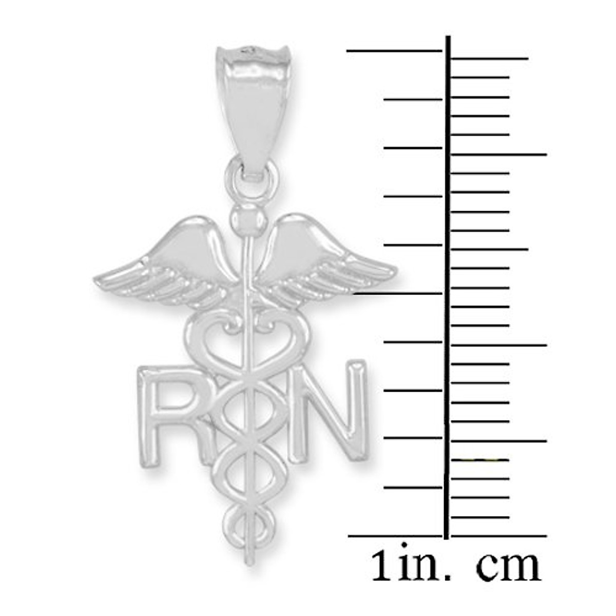 American Heroes Polished 10k White Gold Caduceus RN Charm Registered Nurse Pendant Necklace, 18"