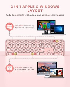 PEIOUS Wireless Keyboard and Mouse Combo, Cute Rose Gold Keyboard with USB and Type C Receiver, Round Keys, Compatible with MacBook, Windows 7/8/10, Laptops (Pink)