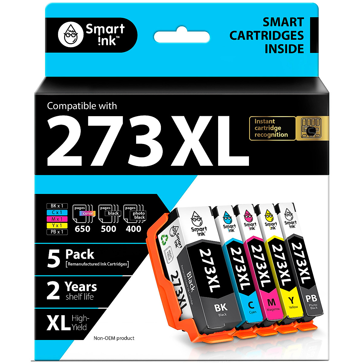 Smart Ink Remanufactured Ink Cartridge Replacement for Epson 273 XL 273XL 273 to use with XP 610 XP-600 XP-620 XP-810 XP-820 XP-800 Expression Premium (Black & C/M/Y/PBK, 5 Combo Pack)