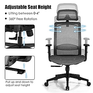 GOFLAME Ergonomic Mesh Office Chair, Swivel Executive Chair with Reclining High Backrest, Rotatable Headrest, Clothes Hanger and Lumbar Support, Height Adjustable Computer Desk Chair (Gray)