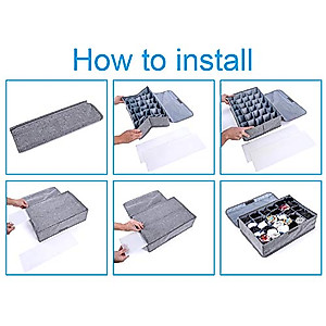 Socks Organizer with Lid, 30 Cell Underwear Drawer Organizer Foldable Closet Storage Box for Ties, Lingeries, Socks - Gray