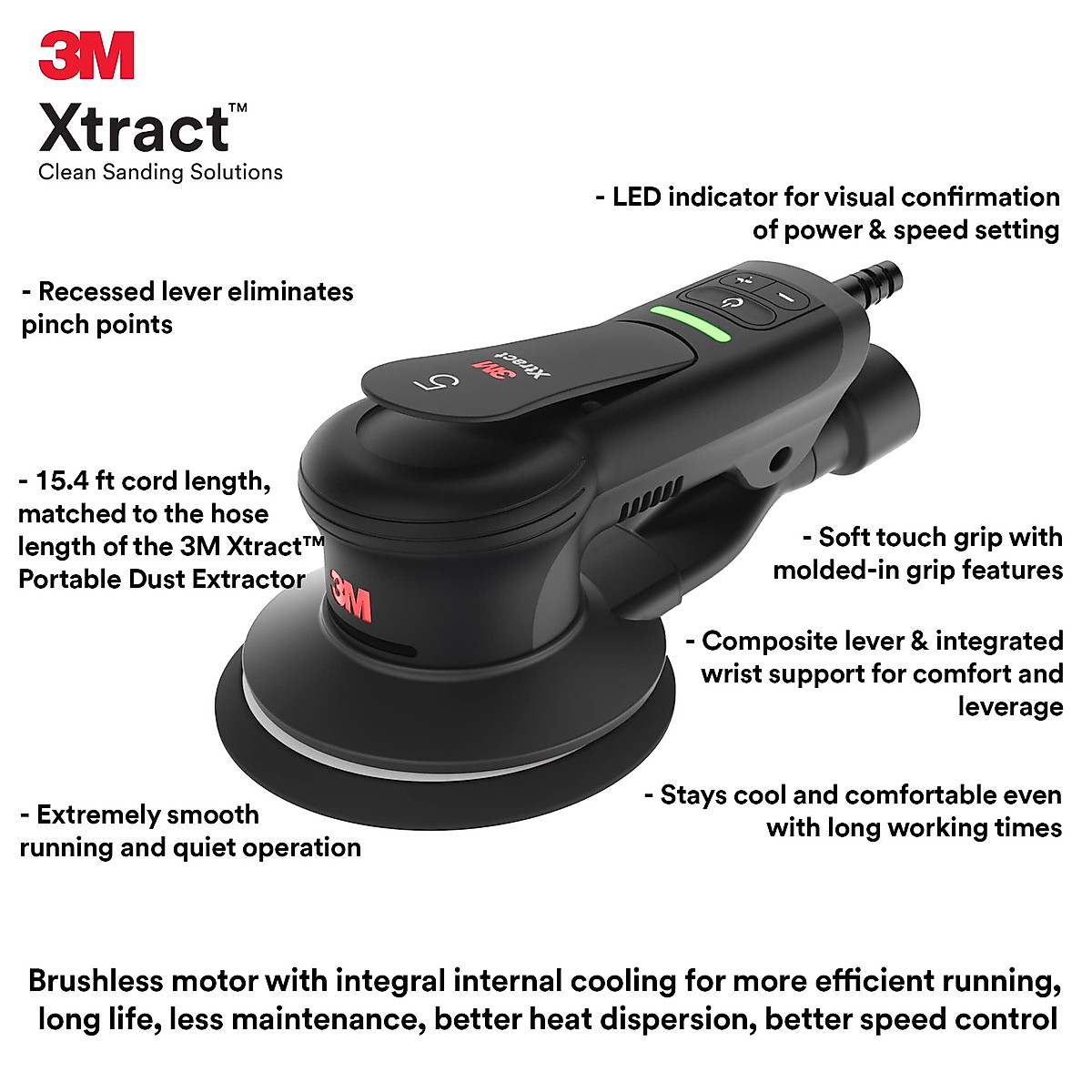 3M Xtract Electric Random Orbital Sander, Ergonomic and Lightweight ROS, 88758, 5 in, Central Vacuum, 3/16 in Orbit, 110V, 350W Motor, Metal Fabrication, Woodworking