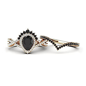 4 CT Pear Cut Black Onyx Simulated Diamonds Halo Twisted Accents Shank Wedding Ring Set for Women & Men in Sterling Silver V shaped stackable band rings (4.5)