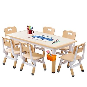 HAPPYMATY Kids Table and Chair Set, Height Adjustable Toddler Table and 6 Chairs Set for Ages 2-12, Graffiti Desktop, Non-Slip Legs, Arts & Crafts Table, Children Activity Table for Daycare Classroom
