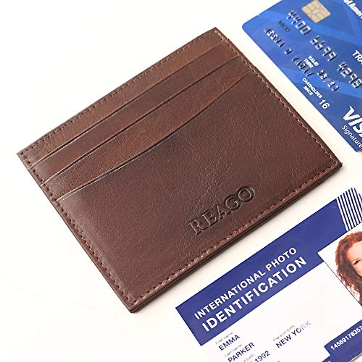 REAGO Handcrafted Front Pocket Small Slim RFID Crumpled Leather Wallet for Men Women, Credit Card Holder, Strong Stitching, Slip Pocket, ID Window, Minimalist Design, Chemical Free, Ideal Gift