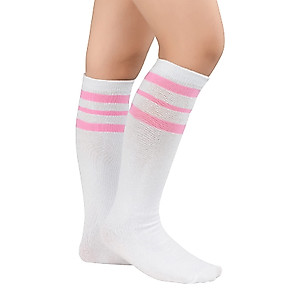 Durio Girls Knee High Socks Soft Cute Toddler Knee High Socks for Girls Unisex Kids Tube Socks 01 White with Pink Stripes