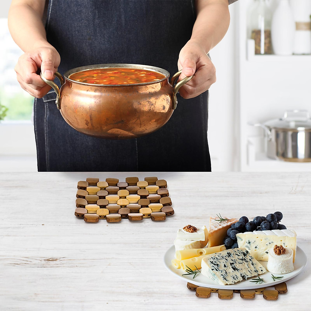 Tlence 12 Pack Bamboo Trivet Mat for Hot Dishes, 6.3'' Heat Resistant Kitchen Hot Pads, Wooden Table Counter Protector Set, Bamboo Coasters for Teapot Hot Dishes Pans, Table Décor Kitchen Gifts Idea