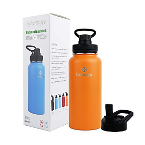 honogo 32 oz Powder Coated Double Wall Vacuum Insulated Sports Water Bottle, 18/8 Stainless Steel Wide Mouth Thermos Flask with Straw Lid & Spout Lid, Leak Proof, Sweat Free, BPA Free (Orange, 32 oz)