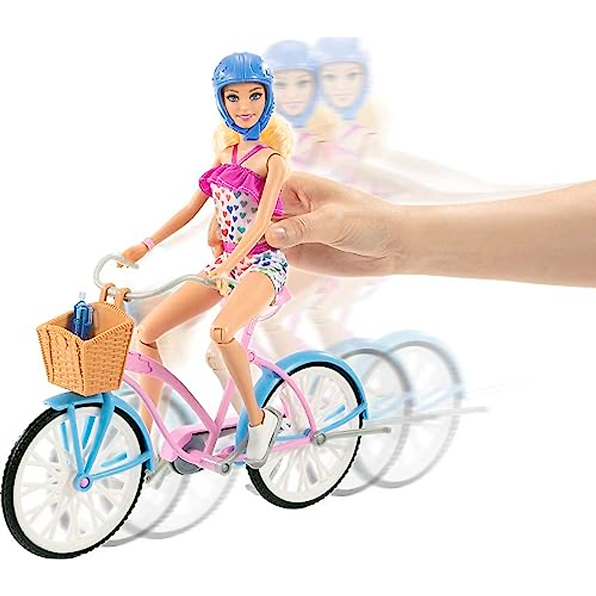 Barbie Doll & Bike Set with Accessories, Blonde in Rainbow Romper with Pink & Blue Bicycle, Helmet, Basket & Water Bottle