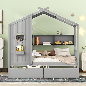 Modern Wooden Twin Size Kids House Bed with 2 Drawers and Storage Shelf,for Kids Boys Girls Teens Bedroom Use (Twin, Gray@Shelf/)