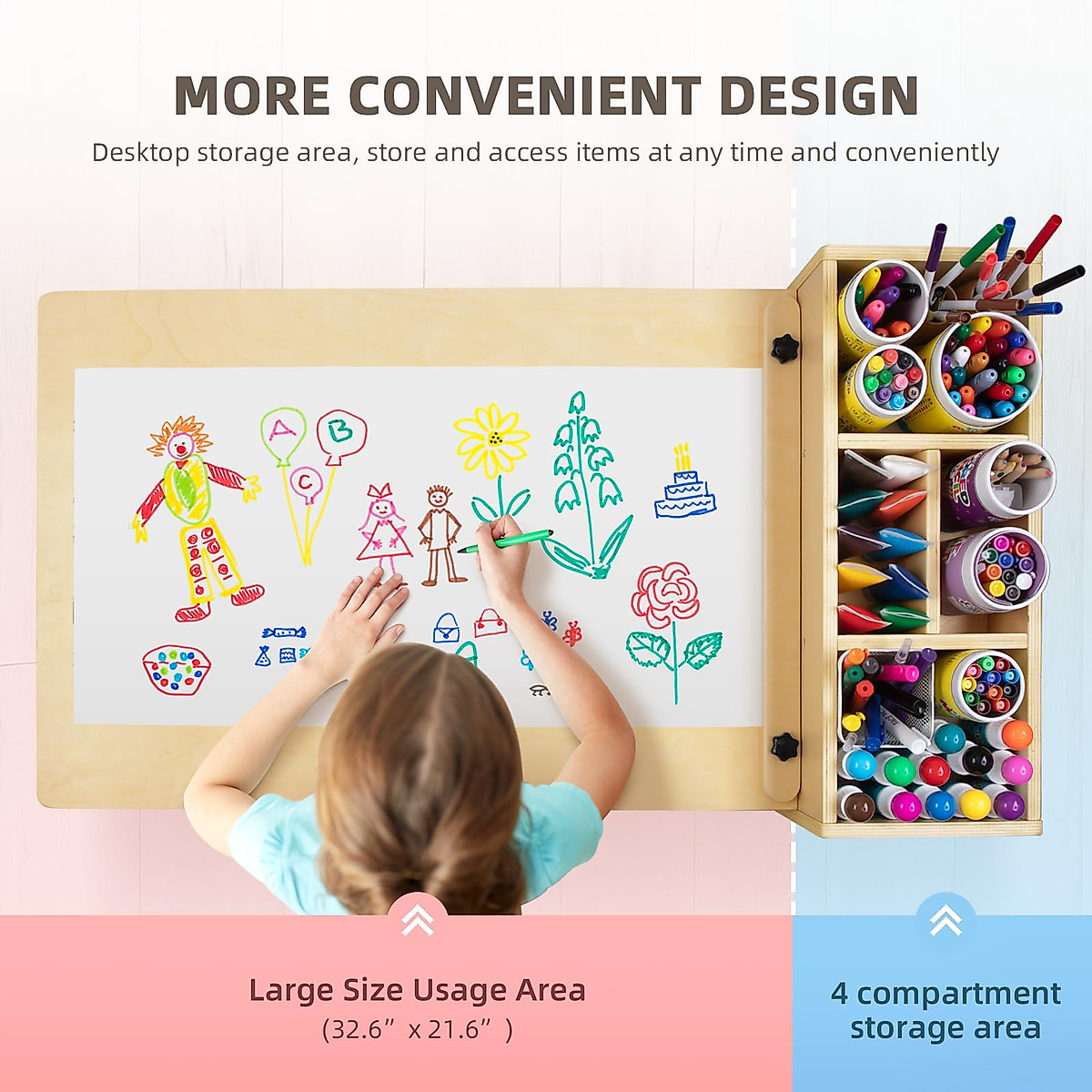 OOOK Kids Art Table and 2 Chairs, Toddler Activity Table with Large Storage Shelves, Wood Activity Desk for Writing Drawing Suitable for Playrooms & Classroom