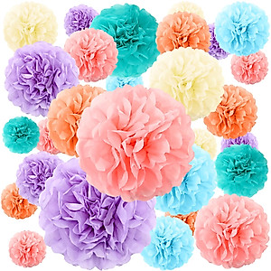 Skyygemm 72 Pcs Tissue Paper Pom Poms Pastel Party Decorations Assorted Rainbow Paper Ball Decorations Hanging Flower Balls for Birthday Wedding Party Bridal Shower Supplies, Assorted Size