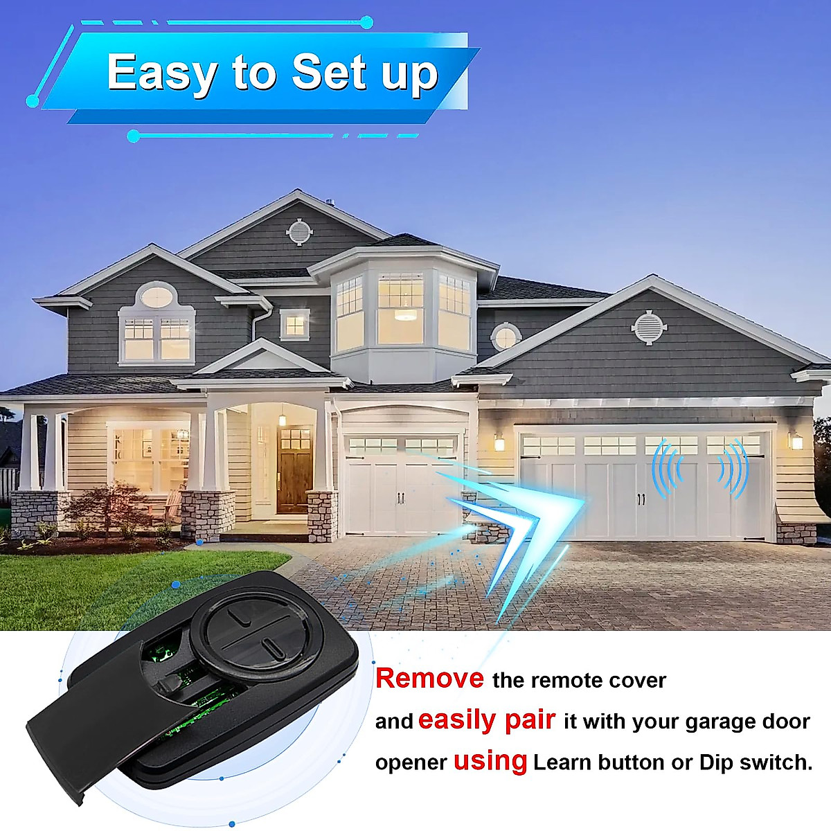 [3 Pack] klik5u-bk2 klik3u-bk clicker Universal 2-Button Remote for Chamberlain LiftMaster Craftsman Garage Door Opener. Wireless Keyless for Red/Orange/Purple/Green/Yellow Learn Button/Dip Switch