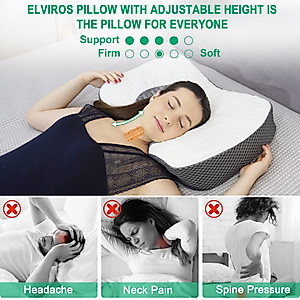 Elviros Cervical Memory Foam Neck Pillow for Side Sleeping, Contour Orthopedic Pillows for Back and Stomach Sleepers, Adjustable Ergonomic Bed Pillow Pain Relief, CertiPUR-US, Blue