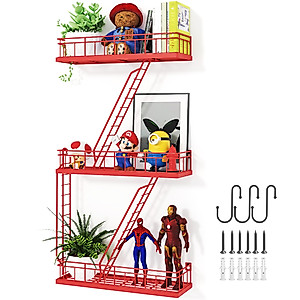 Beskadi Fire Escape Wall Shelf Red, Fire Escape Ladder 3 Story Shelf Wall Storage, New York Inspired Cool Bookshelf Metal Shelves, New York Action Figurine Display Shelf for Bathroom, Living Room.