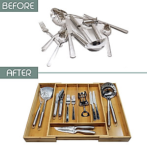 DE'VELO Adjustable Bamboo Kitchen Drawer Organizer - Silverware Organizer and Cutlery Tray with Grooved Drawer Dividers for Flatware and Kitchen Utensils (5-7 Slot)