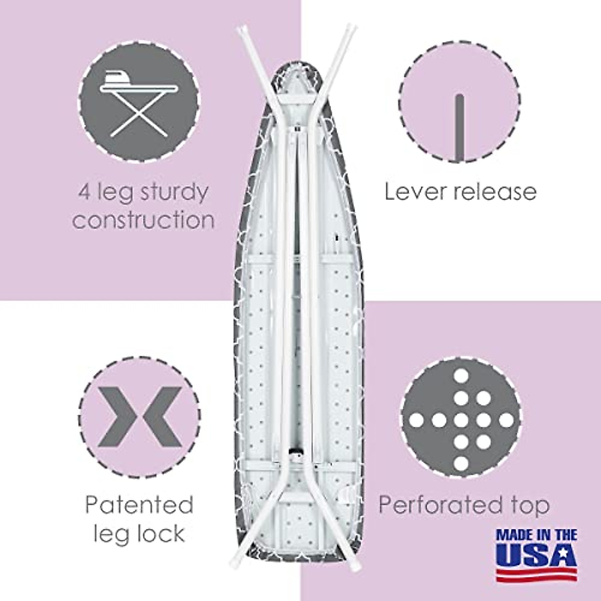Ironing Board Full Size Made in The USA by Seymour Home Products (Grey Lattice) | Includes Cover and Pad | Iron Board with 4 Steel Legs for Extra Support | Features Perforated Top for Steam Flow