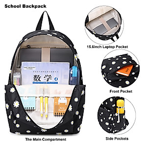 Mimfutu School Backpack for Teen Girls, 3-in-1 Kids Backpack Bookbag Set School Bags with Lunch Box Pencil Case (Flowers Black)