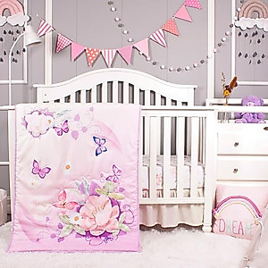 La Premura Baby Crib Bedding Set for Girls, Watercolor Lilac Butterfly 3 Piece Standard Size Crib Set for Baby Girl, Cunas para Bebes, Floral Crib Bedding Set, Pastel Pink, Yellow and Purple