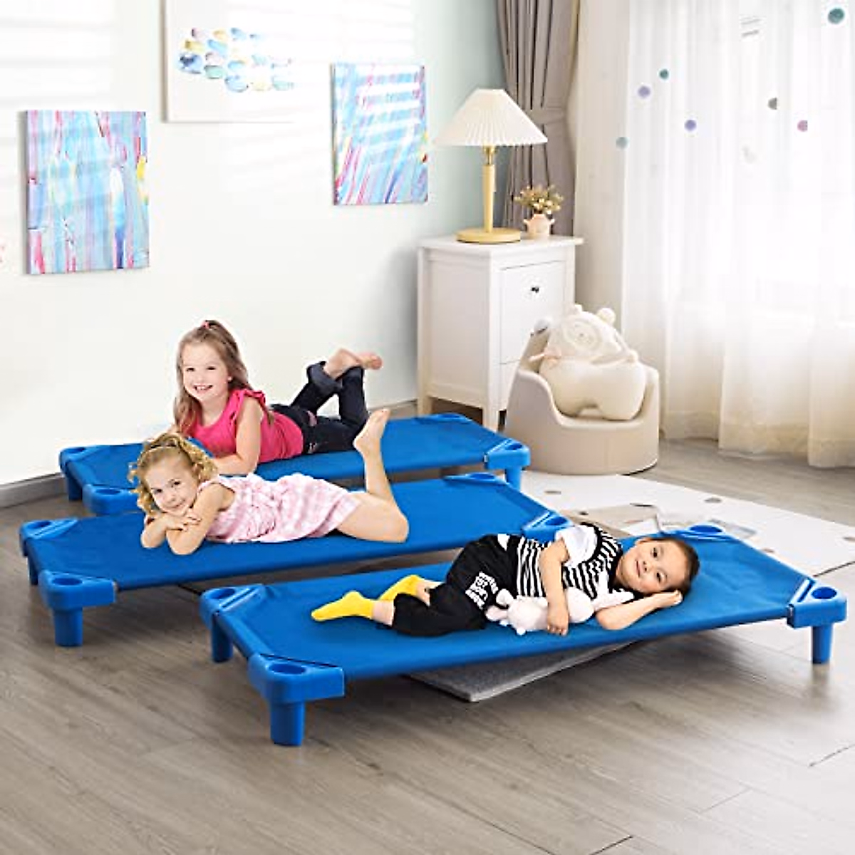 HONEY JOY Kids Daycare Cots, Pack of 6, 52” L Stackable Toddler Nap Cots for Resting, Naptime, Easy Lift Corners, Ready-to-Assemble, Heavy Duty Sleeping Cots for Preschool Nursery Classroom