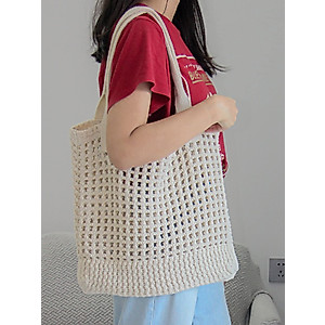 ENBEI Womens Large Beach Tote Bags Shoulder Handbags knit bag Tote bag aesthetic for Beach Crocheted tote cute Tote bags (white)