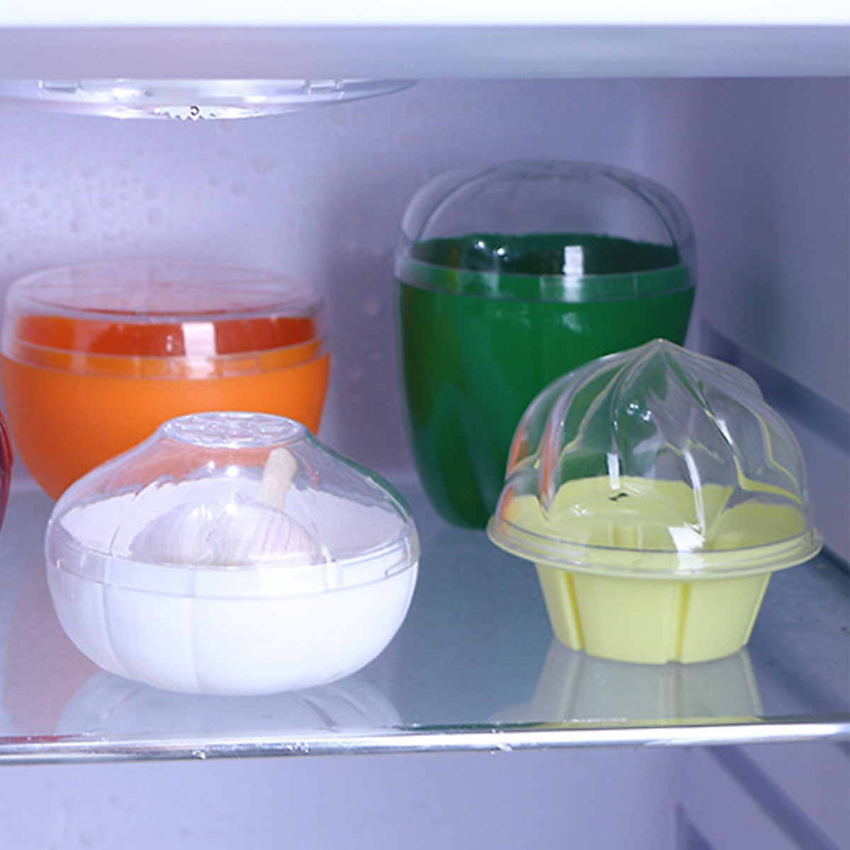 Tiydiygo 4PCS Transparent Fruit Vegetable Storage Containers for Refrigerators,Onion Garlic Lemon Tomatoes Shape Crisper Fresh Food Savers Storage Keeper for Fridge, Clear, TG146302334
