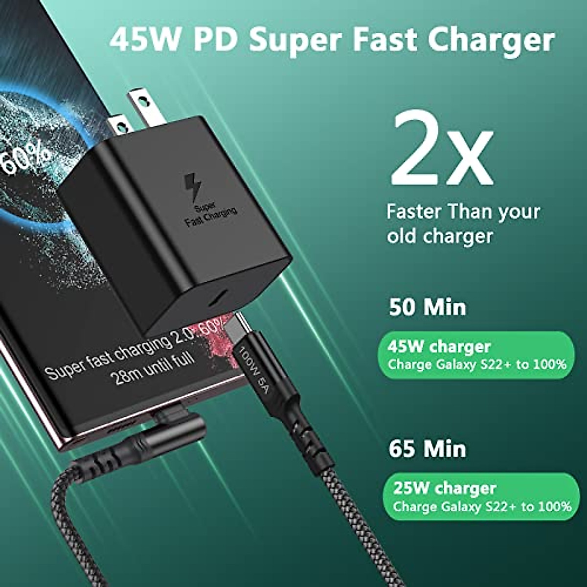 45W USB C Super Fast Charger, Pofesun USB C Wall Charger Super Fast Charging Block for Samsung Galaxy S23 Ultra/S23/S23+/S22 Ultra/S22+/Note 20/S20/S21,Galaxy Tab S7+/S8+,with 10ft 100W Cable-Black