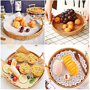 Rattan Round Serving Tray, 2 Size Hand-Woven Rattan Tray Serving Tray with Handles, Wicker Tray Basket Tray for Bread Fruit Food Coffee Breakfast Display