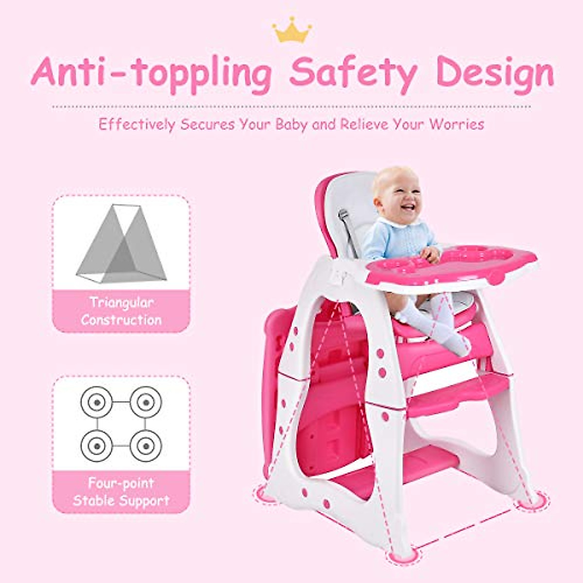 Costzon Baby High Chair, 3 in 1 Infant Table and Chair Set, Convertible Booster Seat with 3-Position Adjustable Feeding Tray, Adjustable Seat Back, 5-Point Harness (Pink)