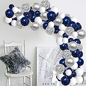 Silver Blue Balloons Garland Kit, 120 pcs Navy Blue and Silver Confetti White Balloons Arch with 16ft Tape Strip & Dot Glue for Party Wedding Birthday DIY Decoration
